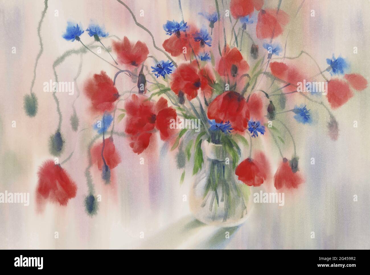 Red poppies and cornflowers in vase watercolor background Stock Photo ...