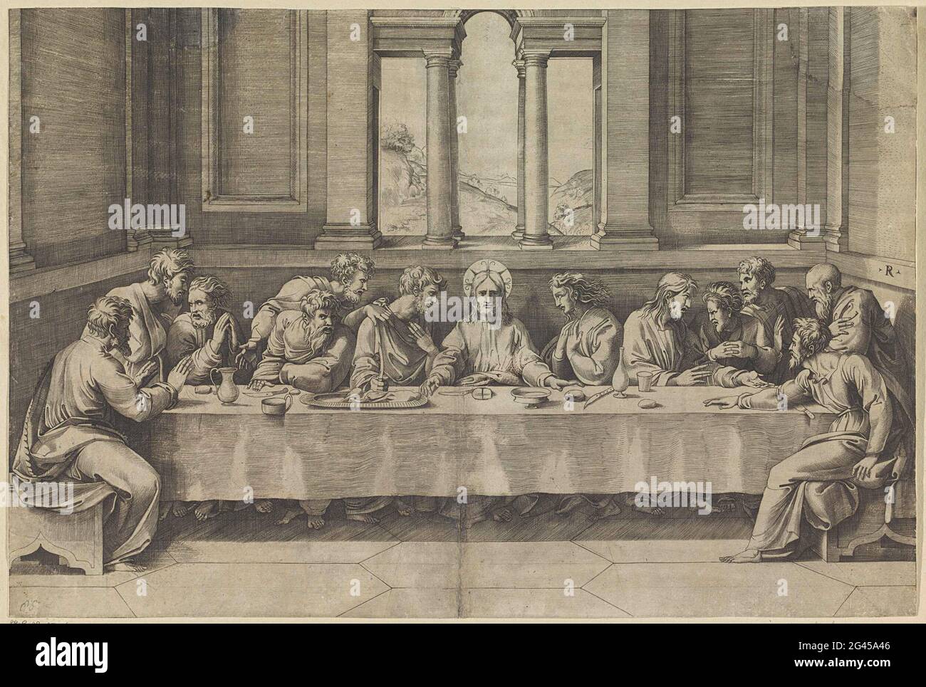 Last Supper. Christ and his twelve disciples are seated around a table ...