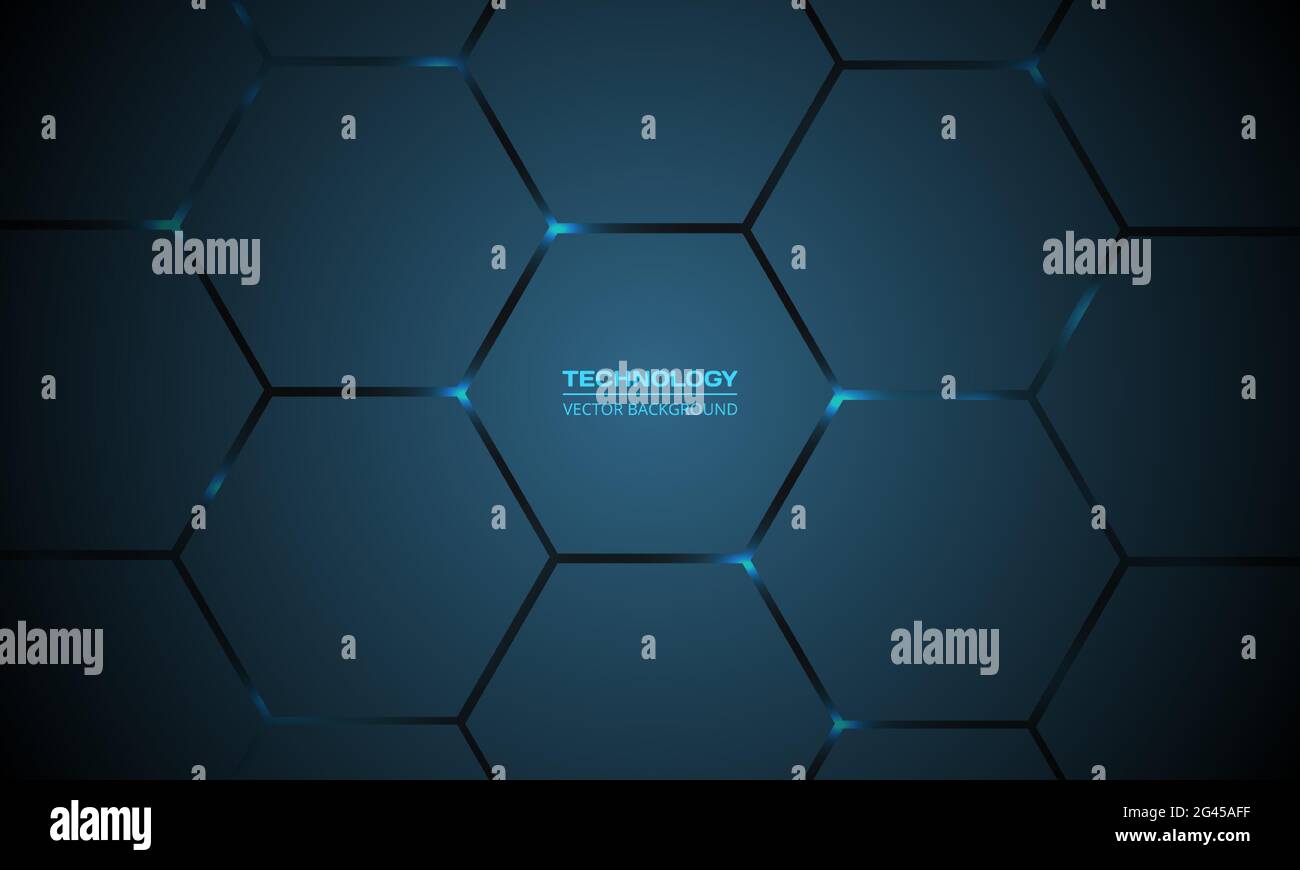 Dark blue hexagonal technology vector abstract background. Blue bright energy flashes under ...
