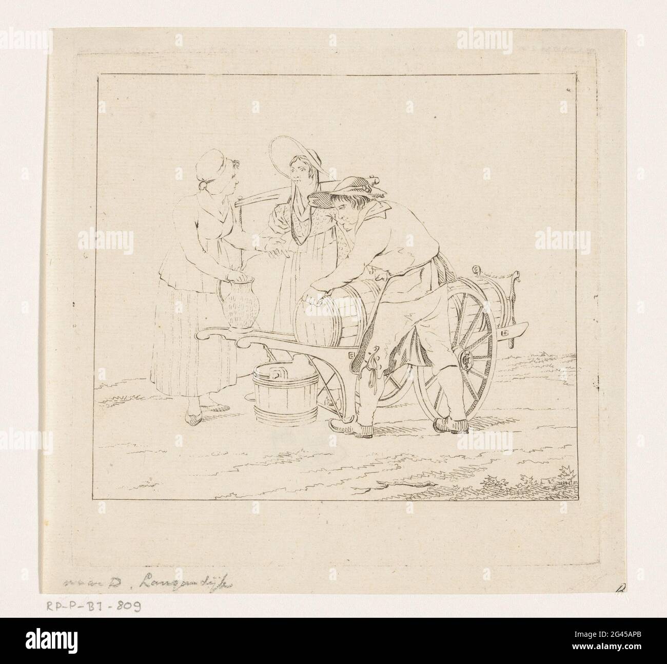 A milkman with his cart. A milkman at his hand cart. Two women come to ...