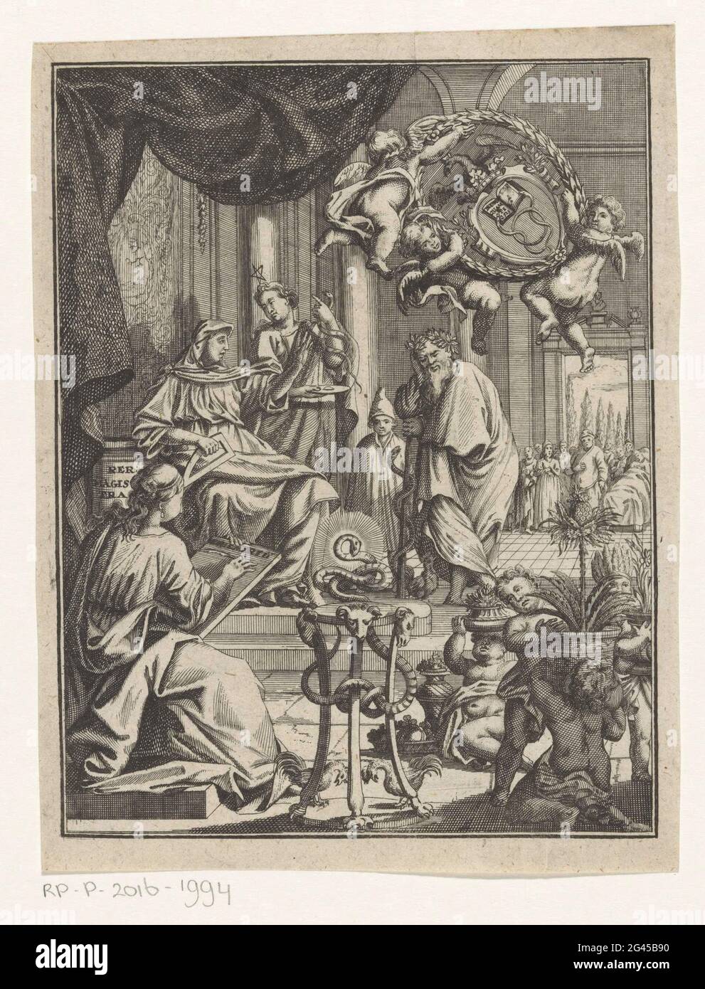 Allegorical figures and putti with coat of arms of the Leopoldina. A ...