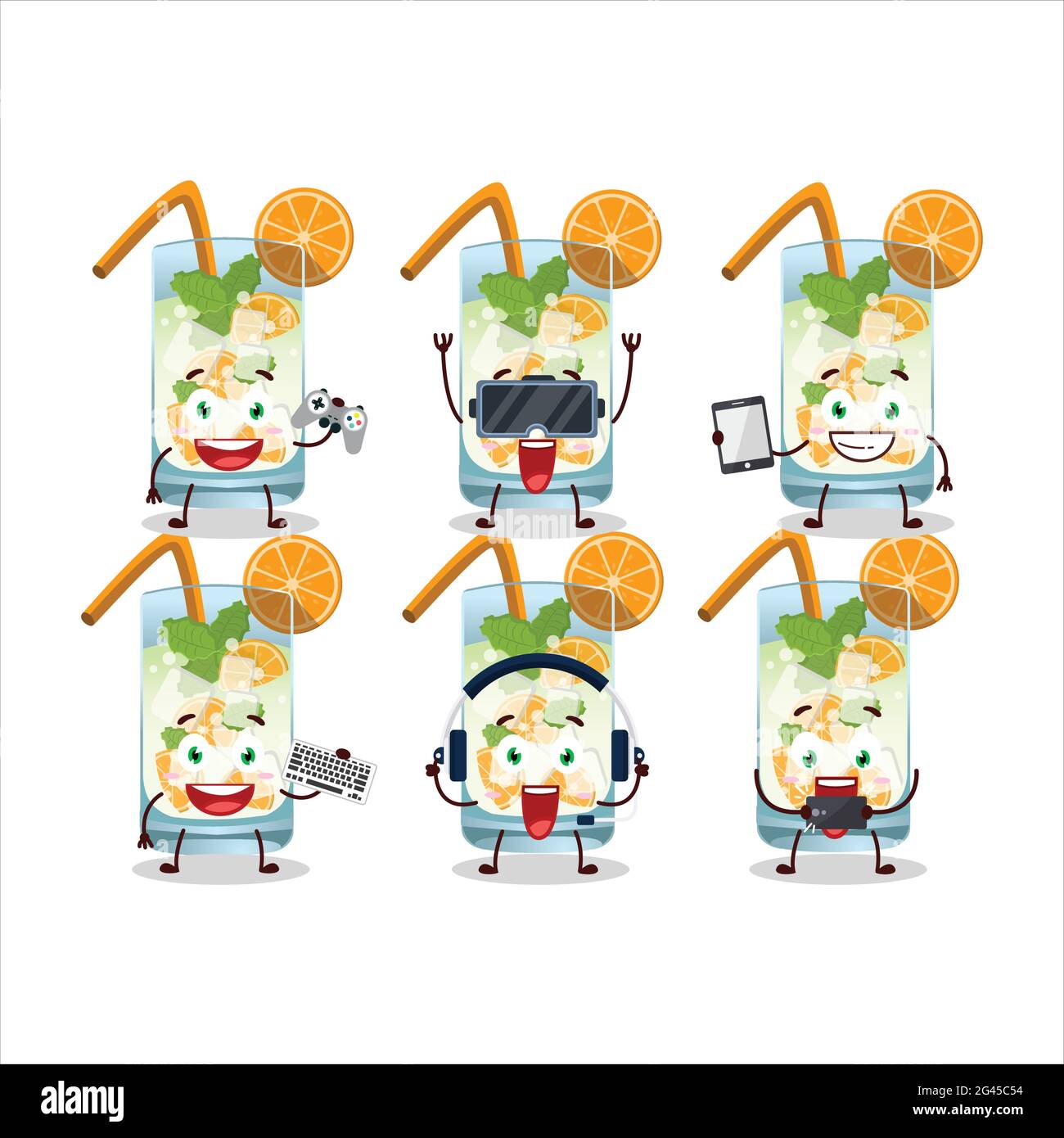 Orange mojito cartoon character are playing games with various cute ...