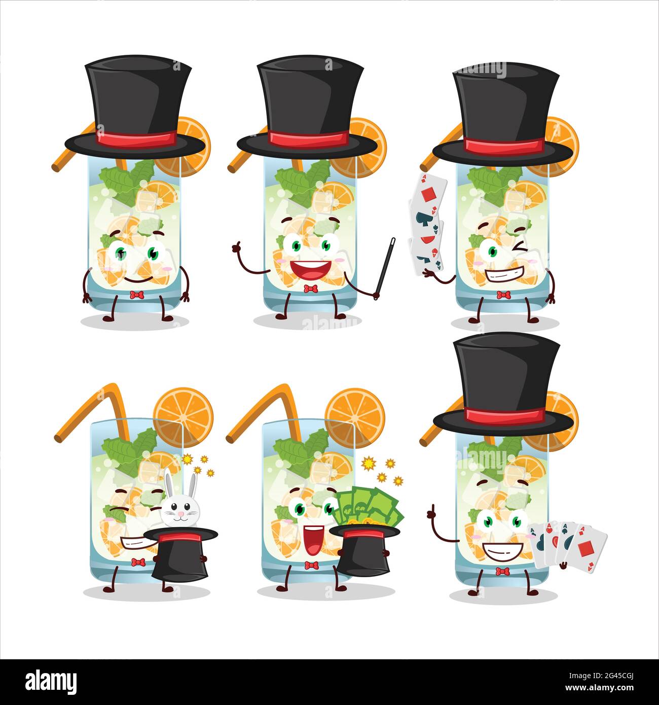 A orange mojito Magician cartoon character perform on a stage. Vector ...