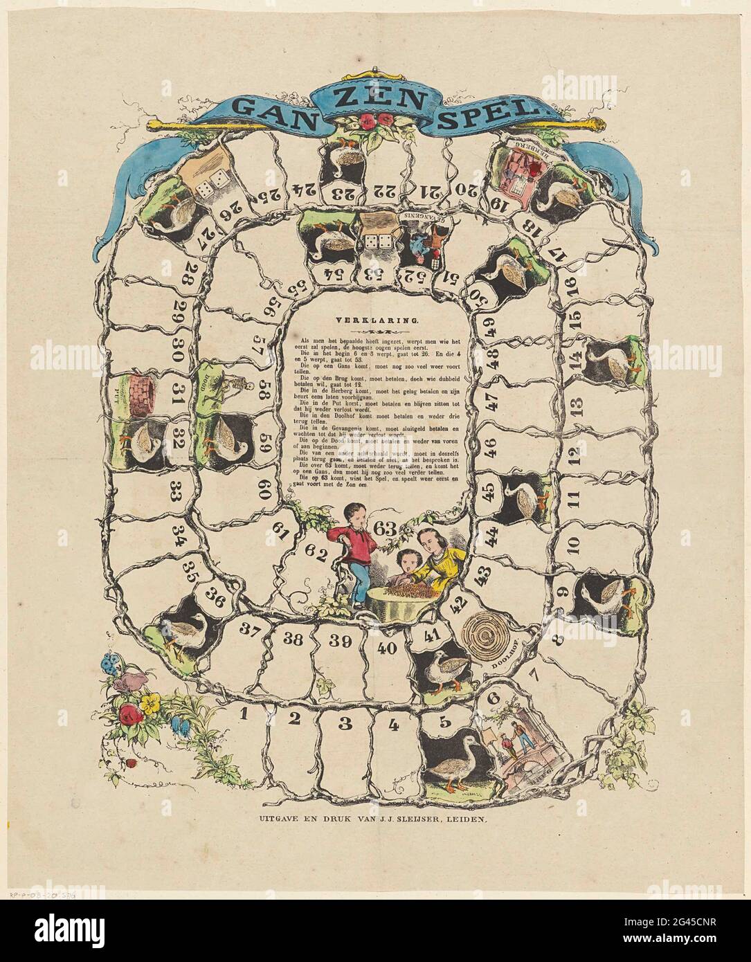 Goose game. Goose board game with a spiral with 63 numbered boxes. The ...