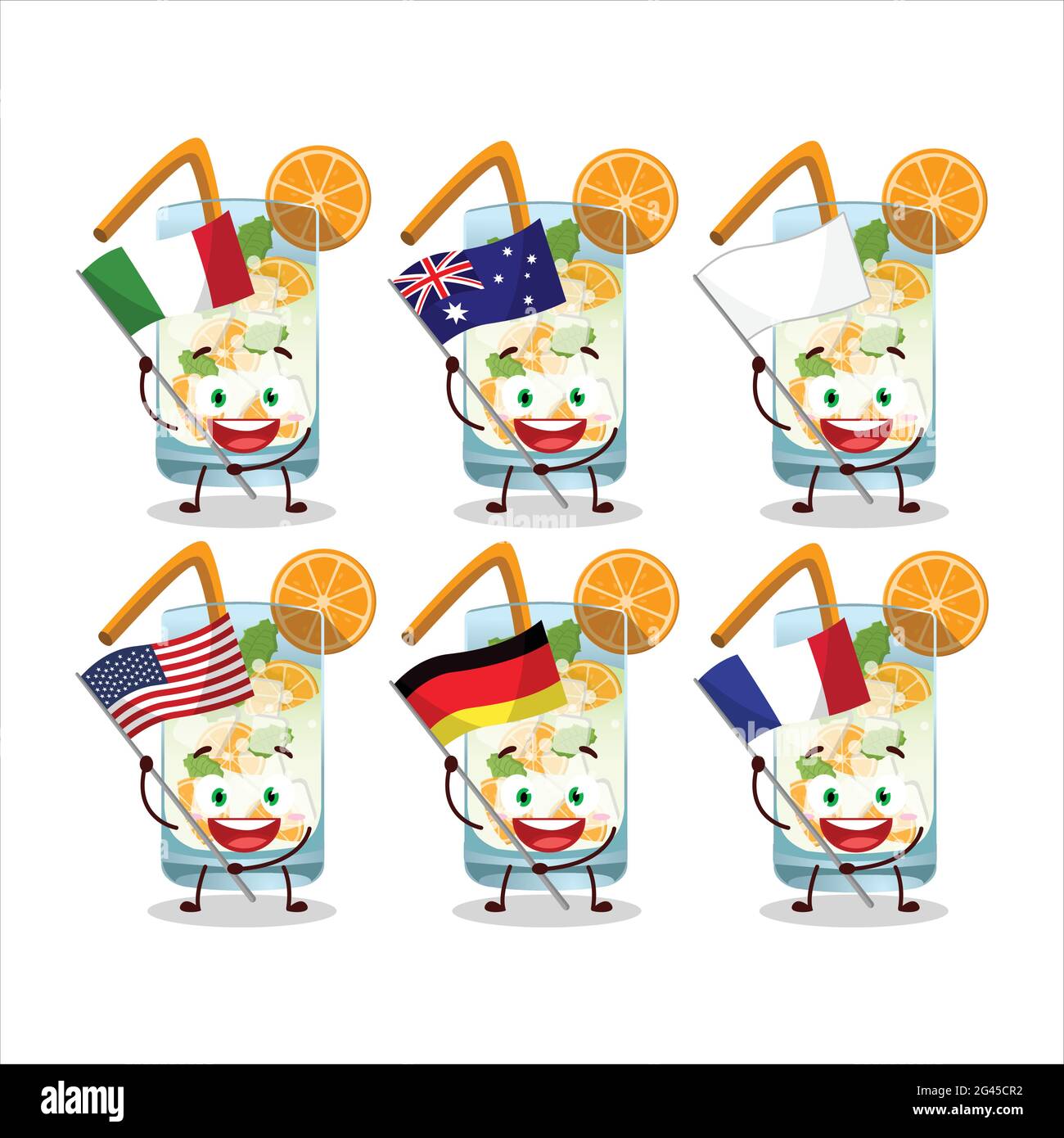 Orange mojito cartoon character bring the flags of various countries ...