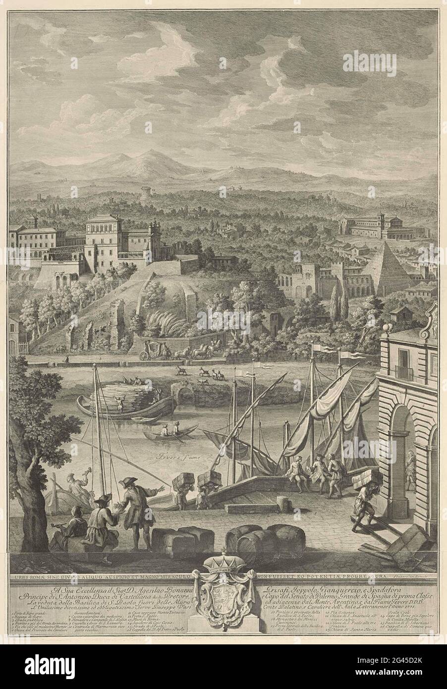 View of the Tiber and Aventijn hill in Rome; Urbs Romae Sine Divino ...