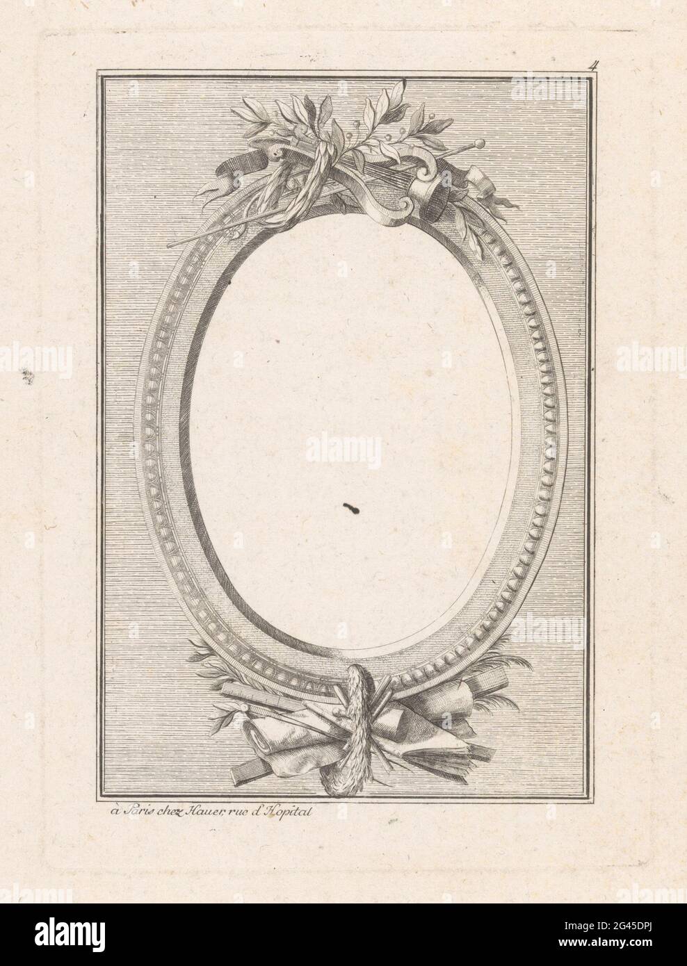 Frame with a winch. Design for an oval frame with winch and leaf motifs ...