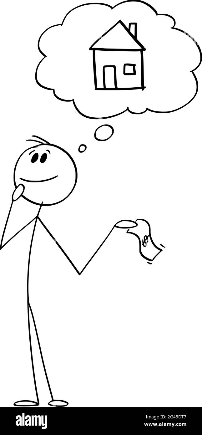 Person Holding Dollar Currency Bill Thinking About Buying House, Vector ...