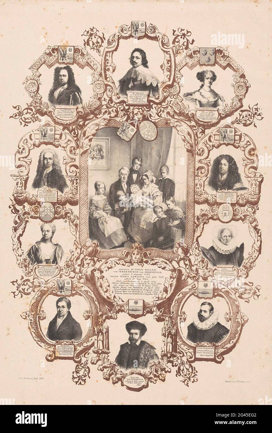 Family tree of the Vredenburch family. In the middle a group portrait ...