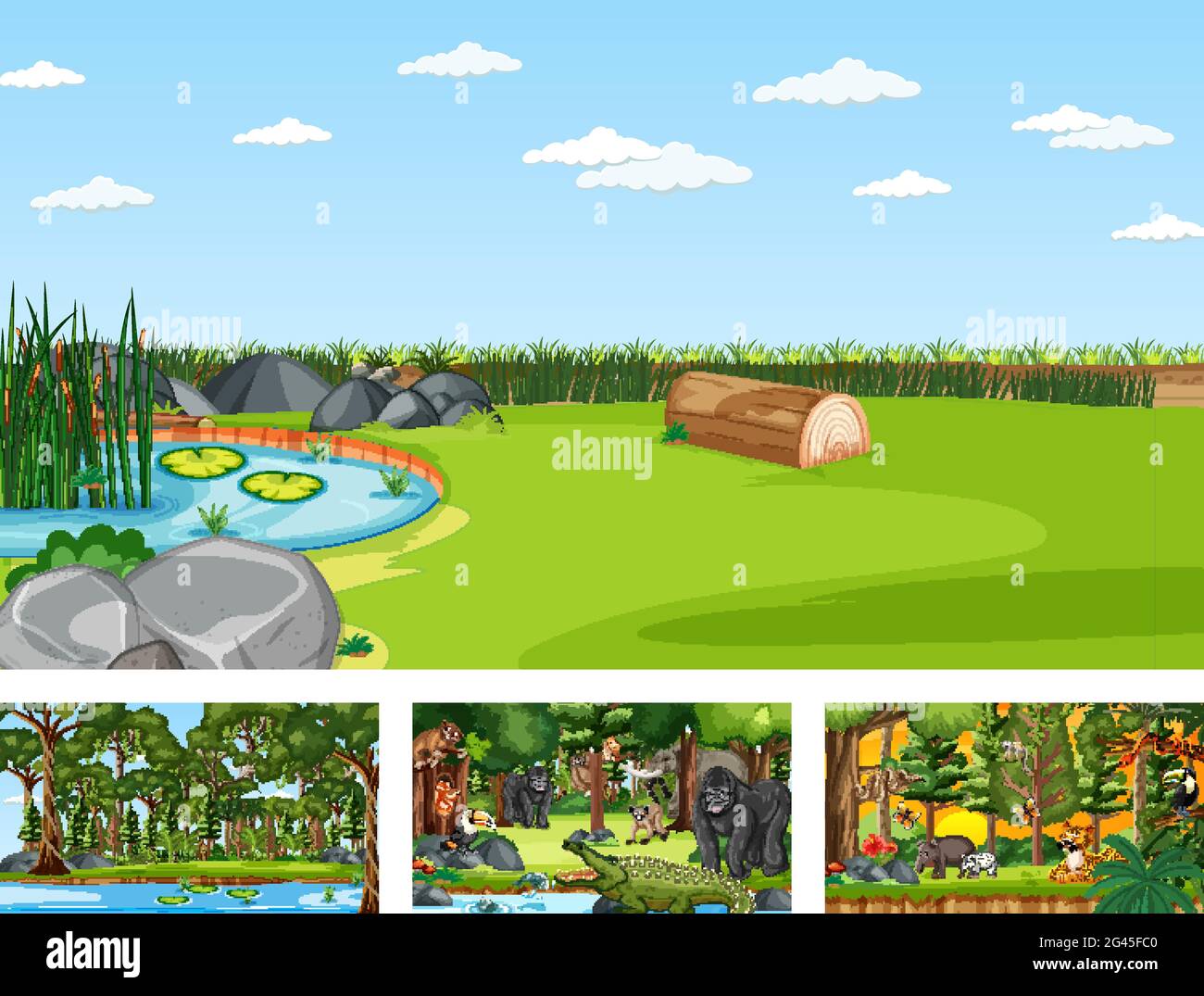 Set of different nature horizontal scene with various wild animals ...