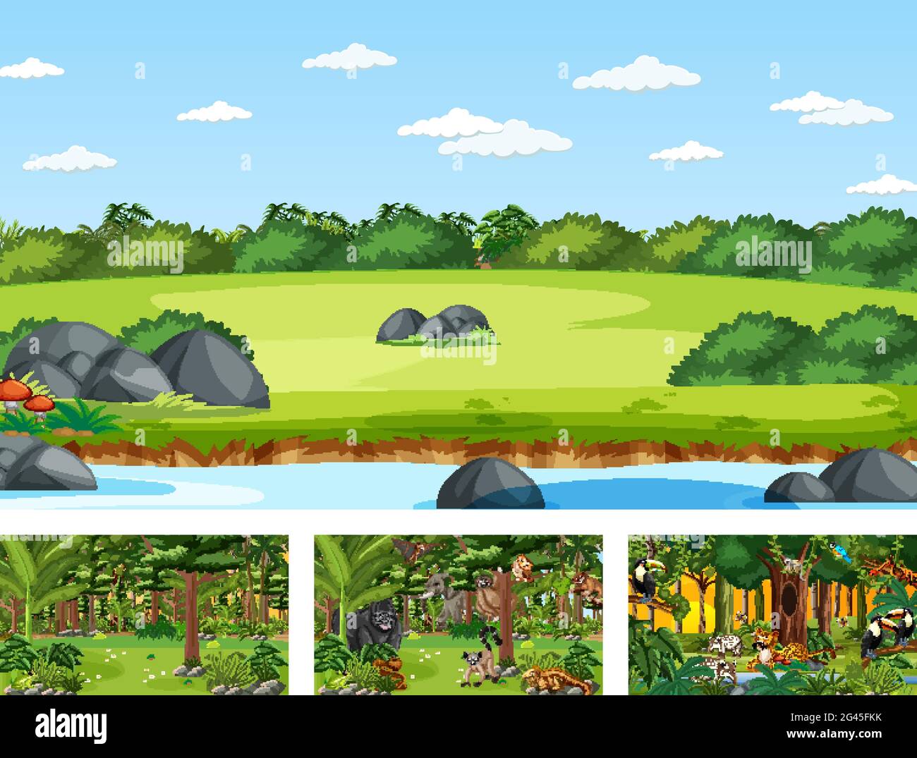 Set of different nature horizontal scene with various wild animals ...