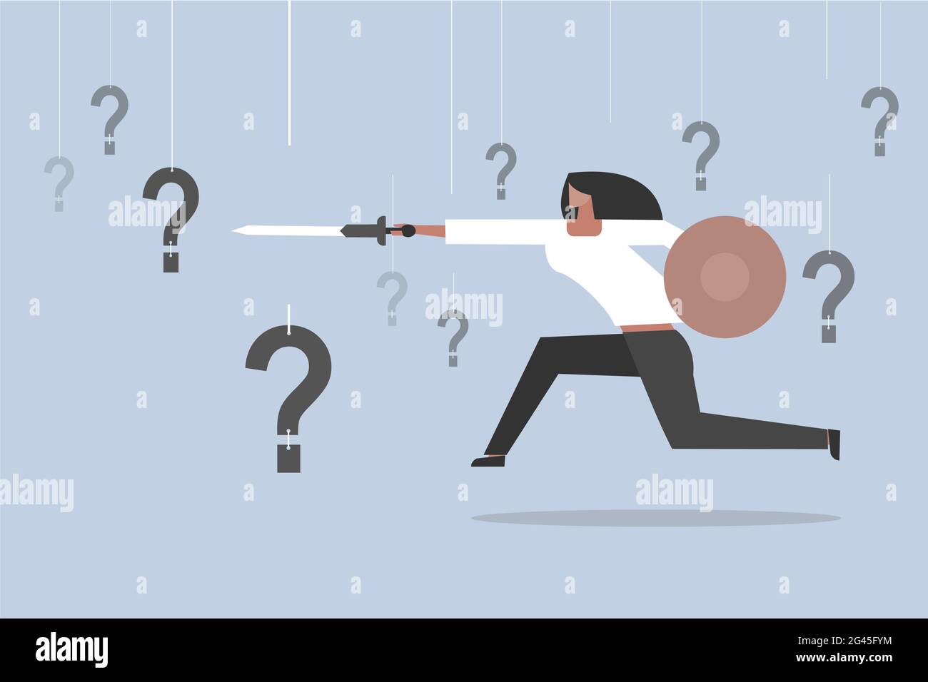 Conceptual illustration of a woman cutting the problems hanging around ...