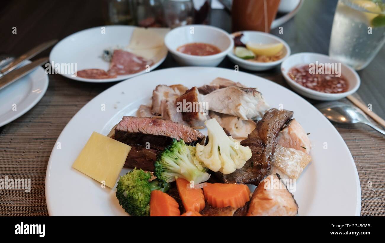 Lunch Buffet food on the table at Five star hotel Bangkok Thailand ...