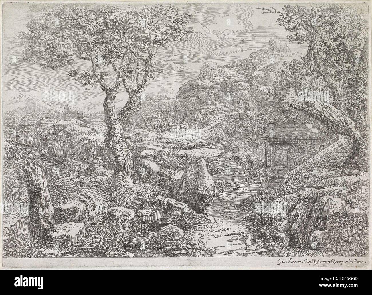 Landscape with sunken road. A hilly landscape with ruins. In the ...