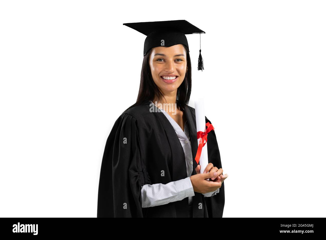 Mixed race female student holding a certificate graduating Stock Photo ...