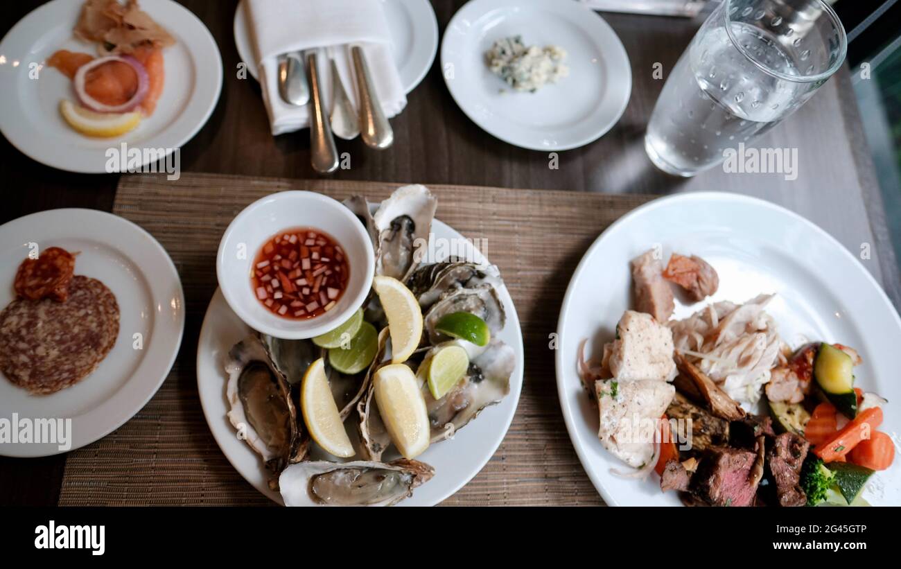 Lunch Buffet food on the table at Five star hotel Bangkok Thailand ...