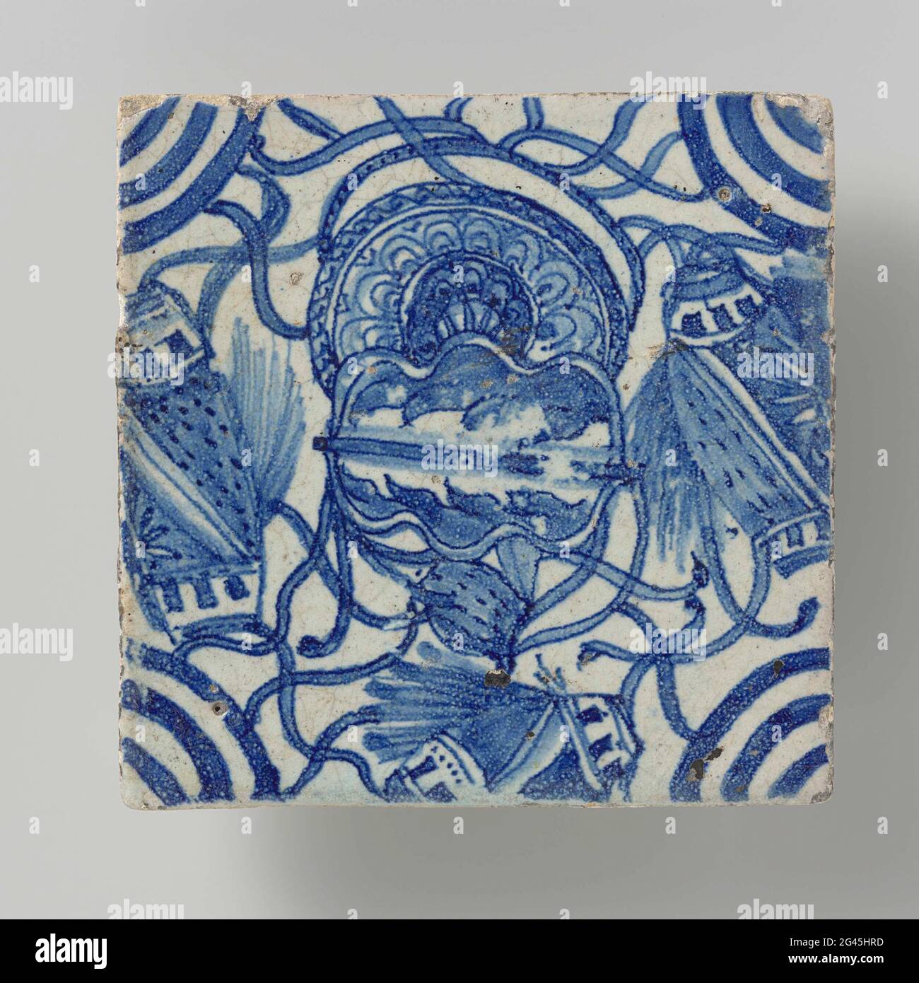 Tile. Tile with Chinese motifs in blue. In the corners, Meander ...