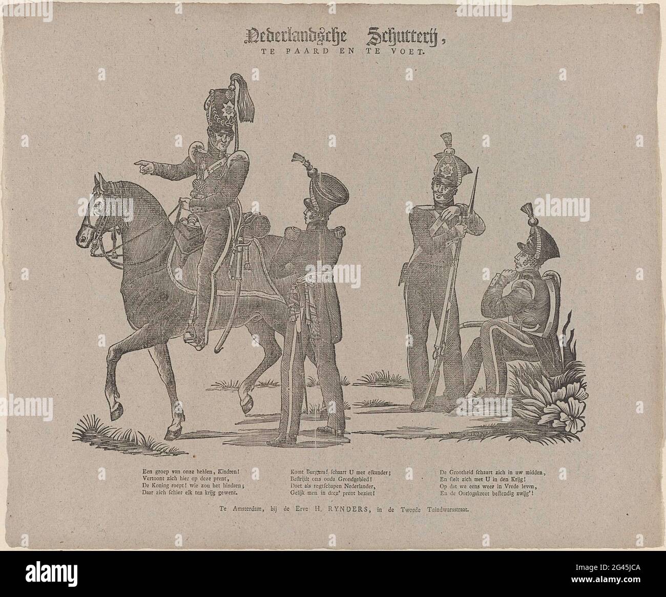 Dutch militia, / on horseback and on foot. Leaf with a large ...