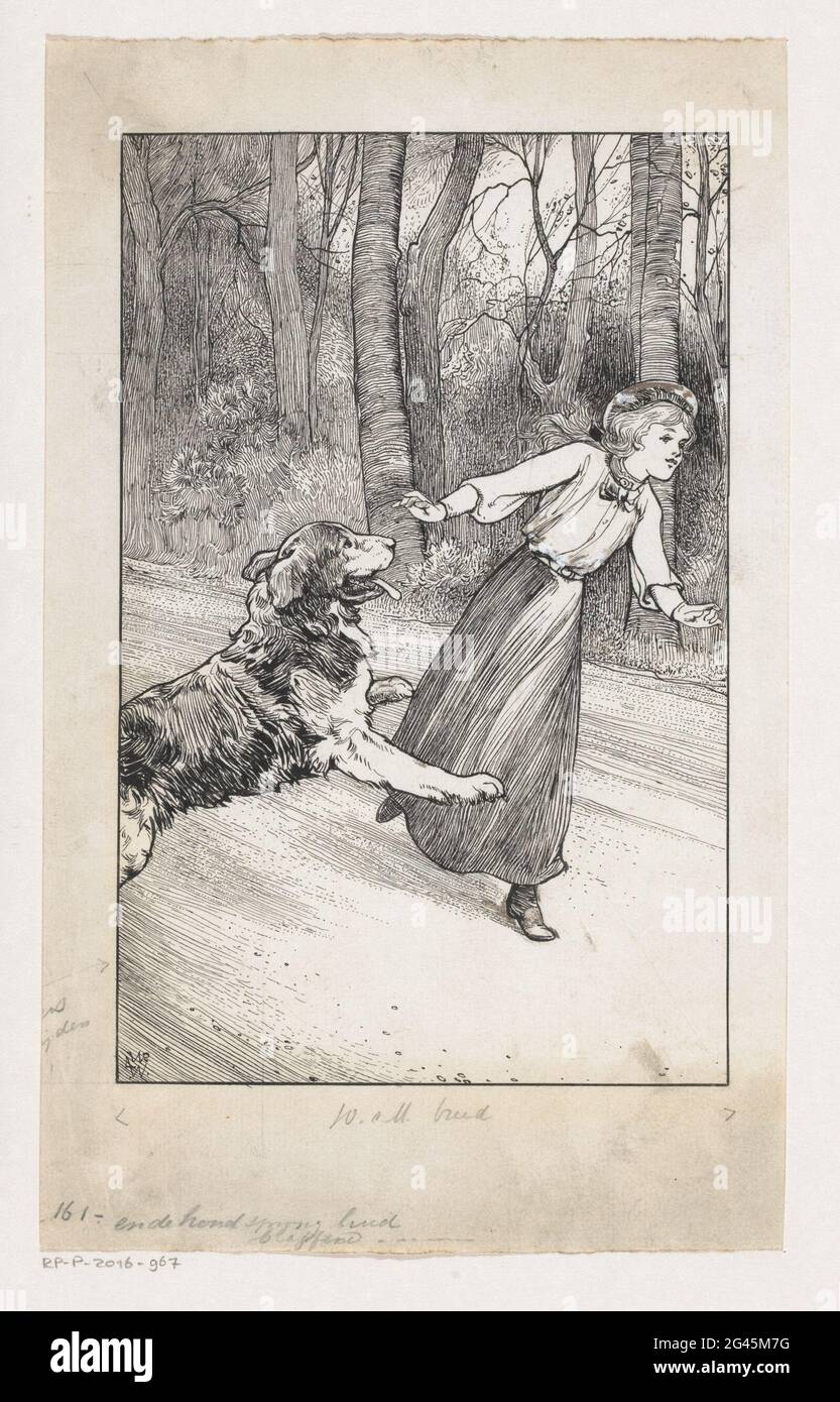 Girl scared of dog. A girl walks over a path in a tree-rich environment ...