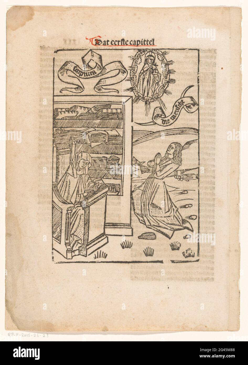 Scriptura and man. A man kneeling. A woman looks into the book, behind ...