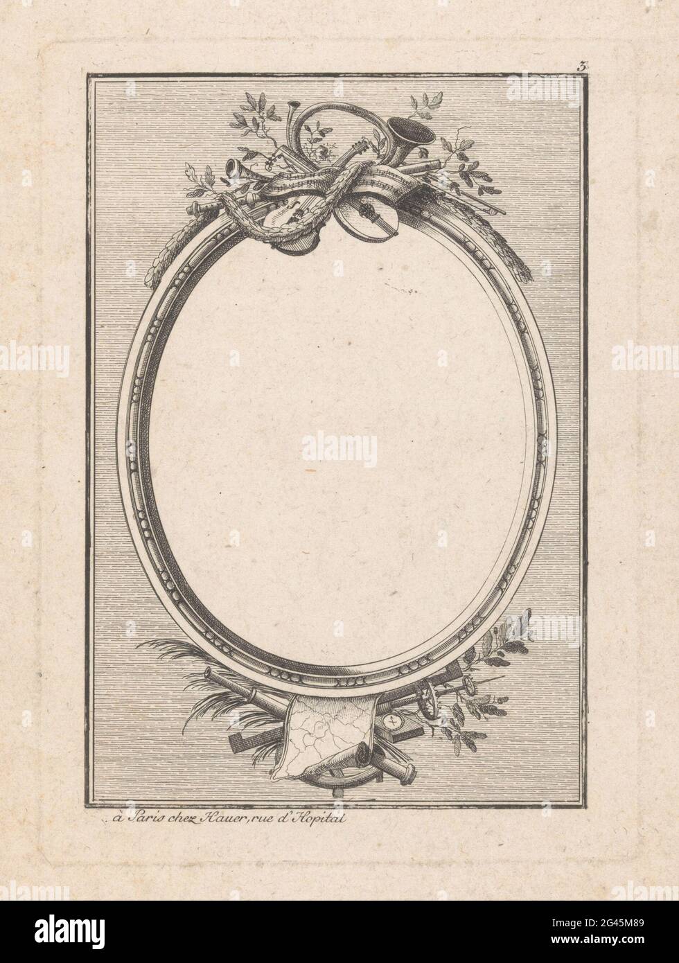 Picture frame with musical instruments. Design for an oval list of ...