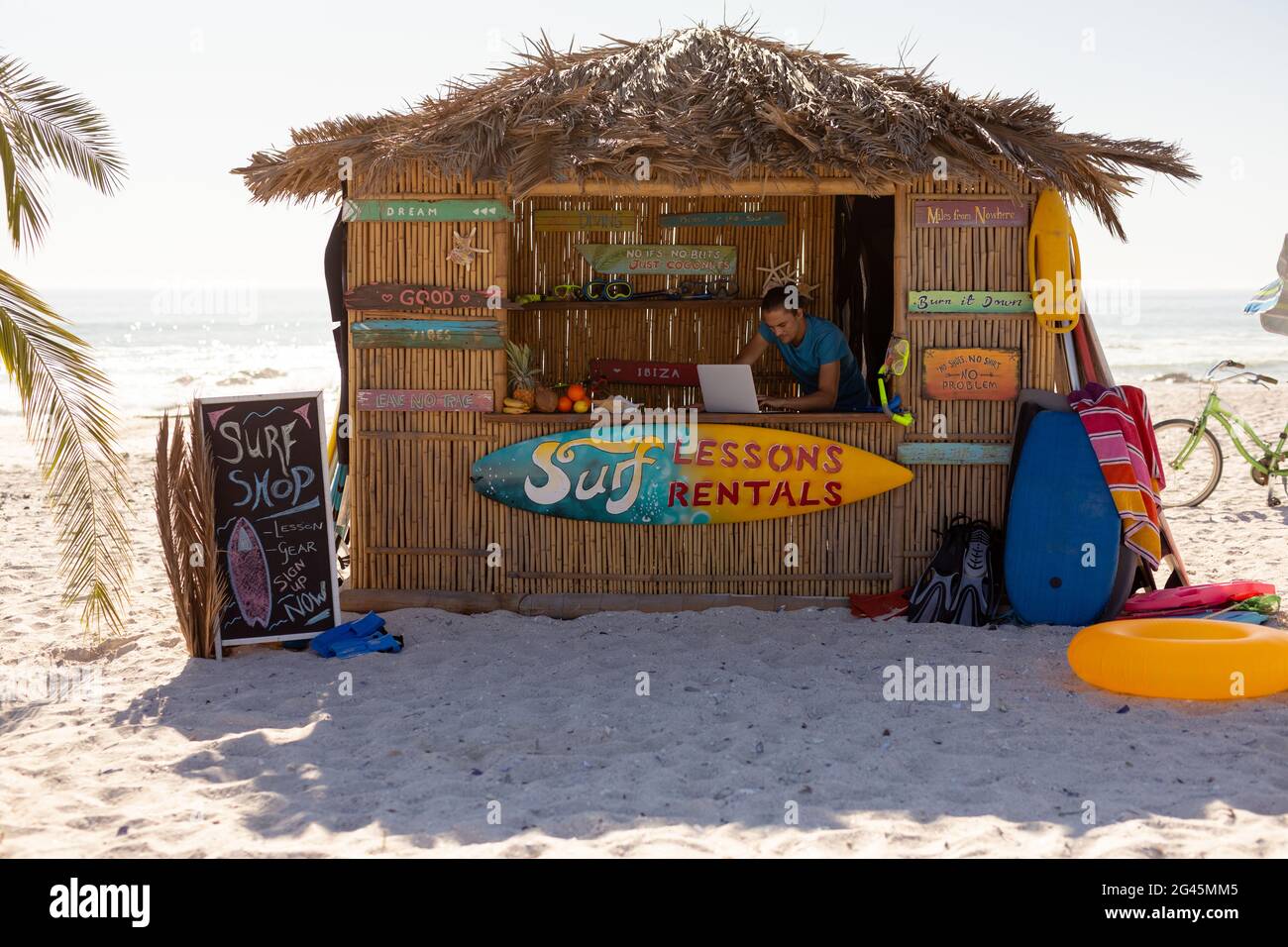 Surf lessons hut on the beach Stock Photo - Alamy