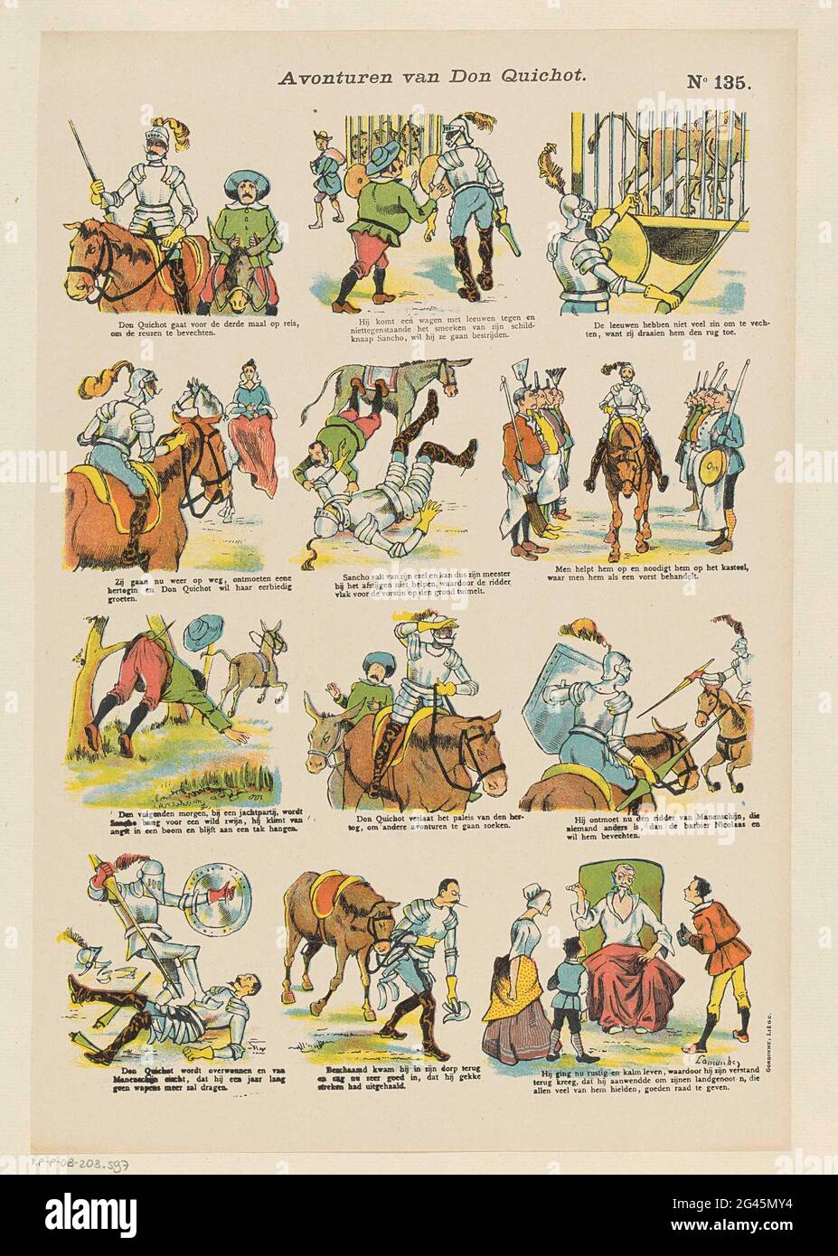 Adventures of Don Quixote. Sheet with 12 performances from the story of ...