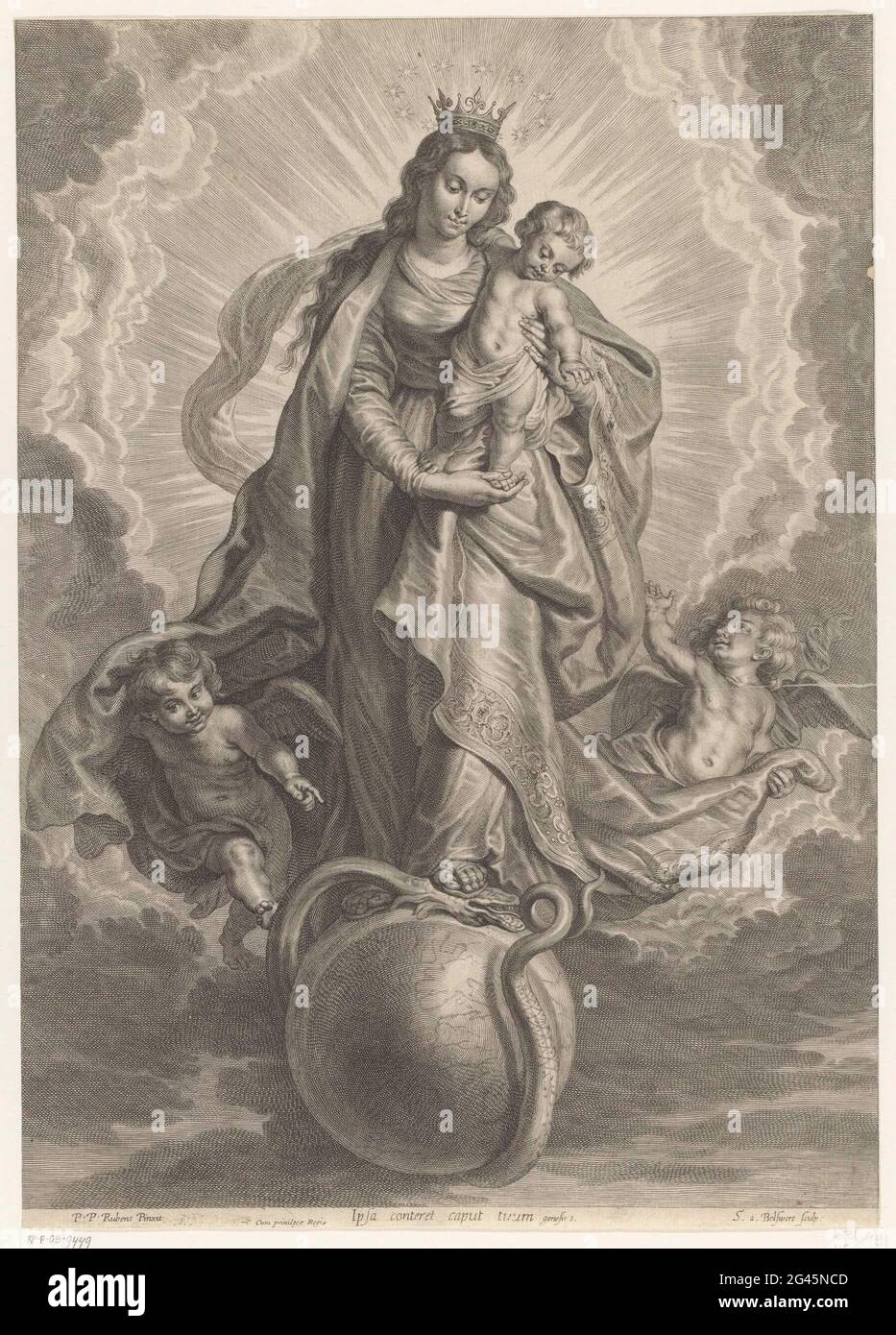 Maria with child on globe, the devil trimmed. Maria with a child stands ...