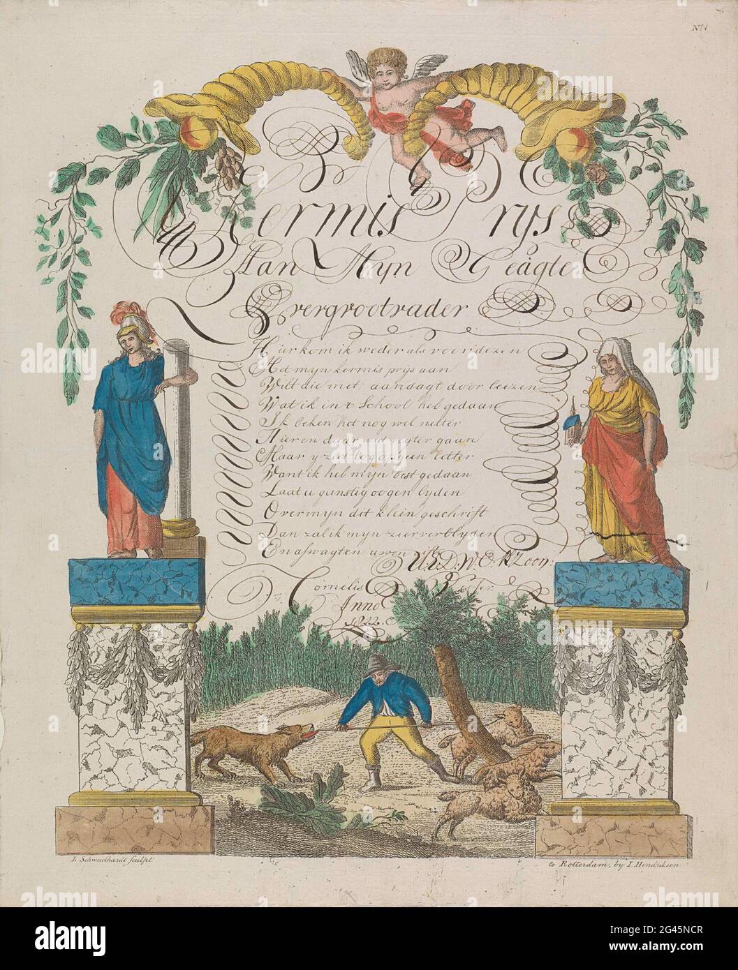 Greeting letter with a shepherd who protects his sheep against a wolf ...