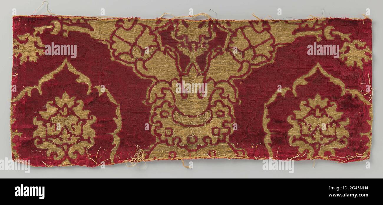 Fragment red velvet brocade with pomegranate motif in gold. Fragment ...