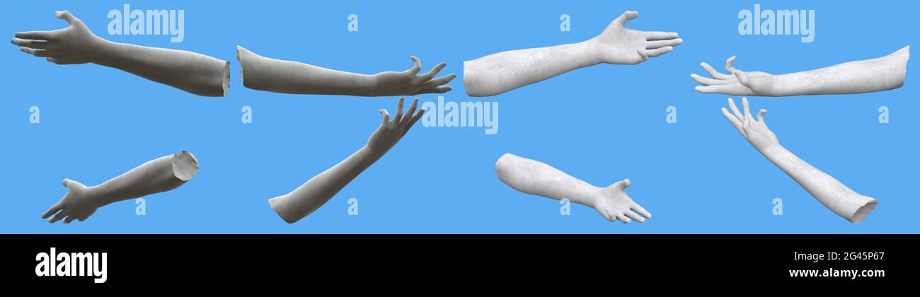 8 white stone statue hand realistic renders isolated on blue, lights ...