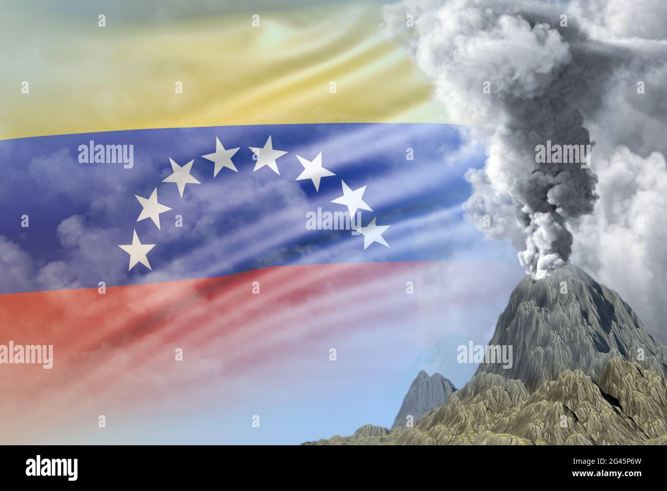 stratovolcano blast eruption at day time with white smoke on Venezuela ...