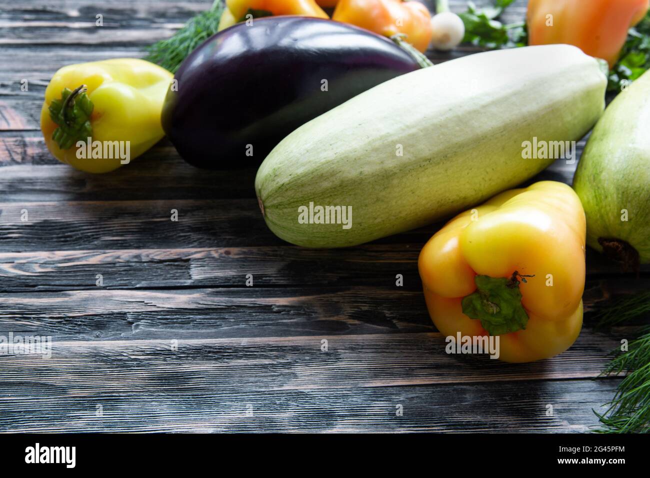 Fresh vegetables and herbs on the table. Organic food. Flat lay Stock ...