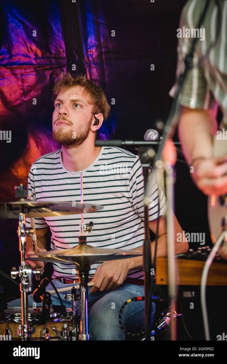 Bern, Switzerland. 18th June, 2021. The Swiss band Daens performs a ...