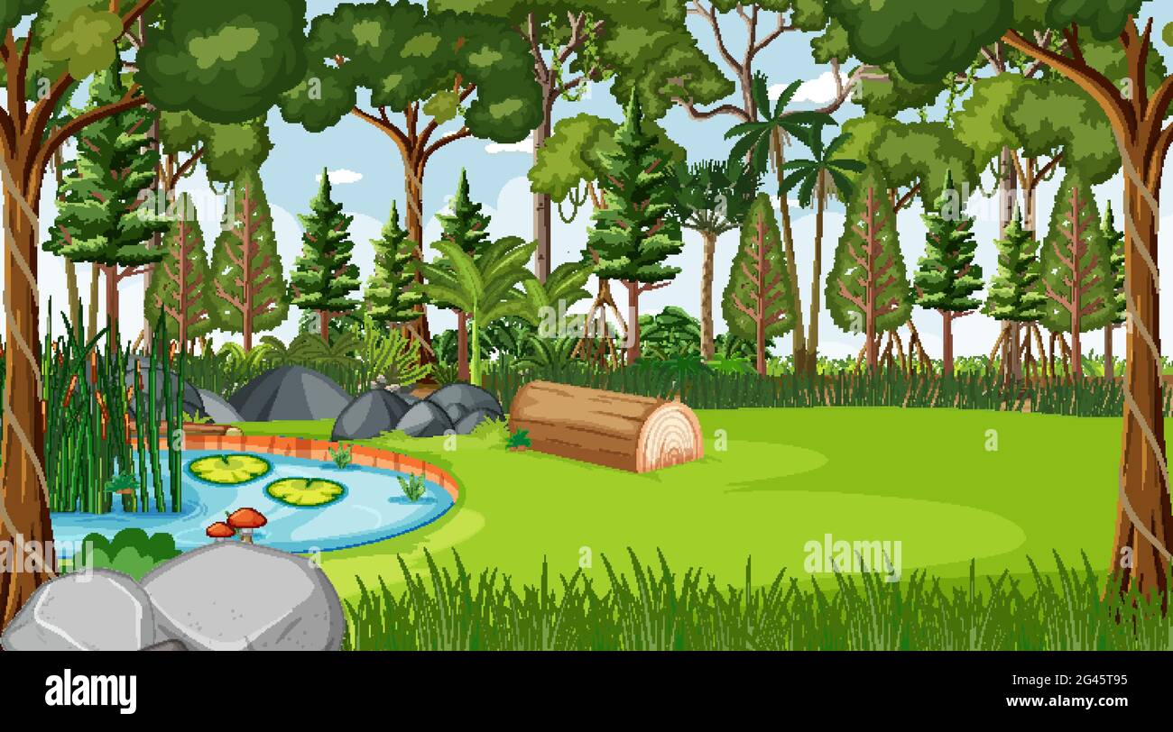 Forest nature scene with pond and many trees at day time illustration ...