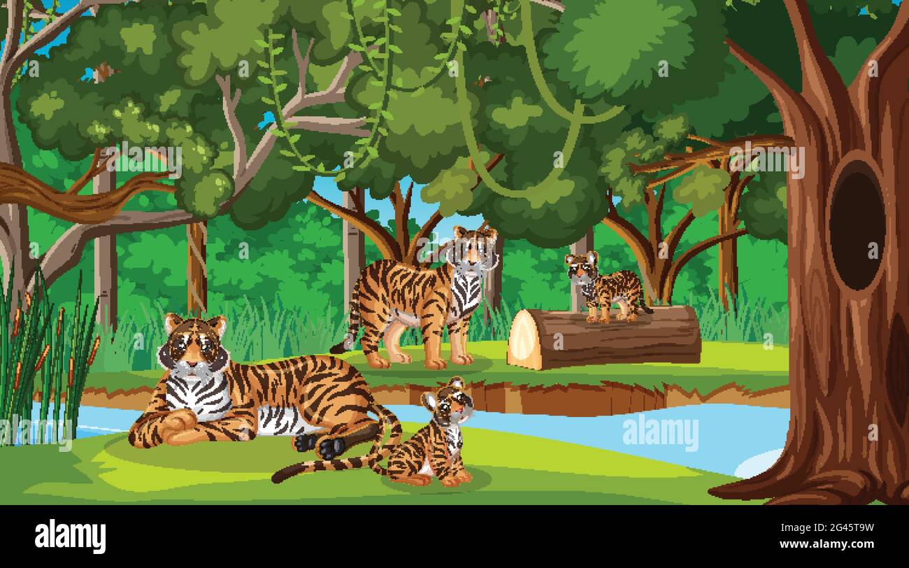 Forest or rainforest scene with tiger family illustration Stock Vector ...