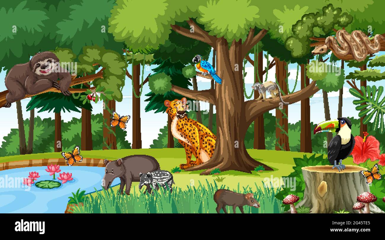 Forest at daytime scene with different wild animals illustration Stock ...