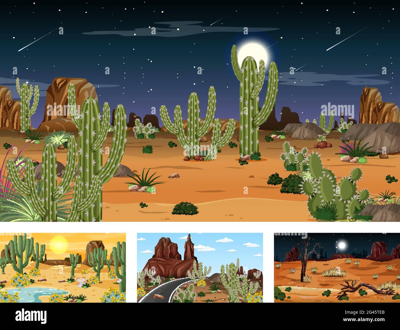 Different scenes with desert forest landscape illustration Stock Vector ...