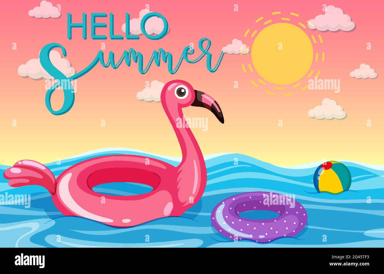 Hello Summer banner with flamingo swimming ring floating in the sea ...