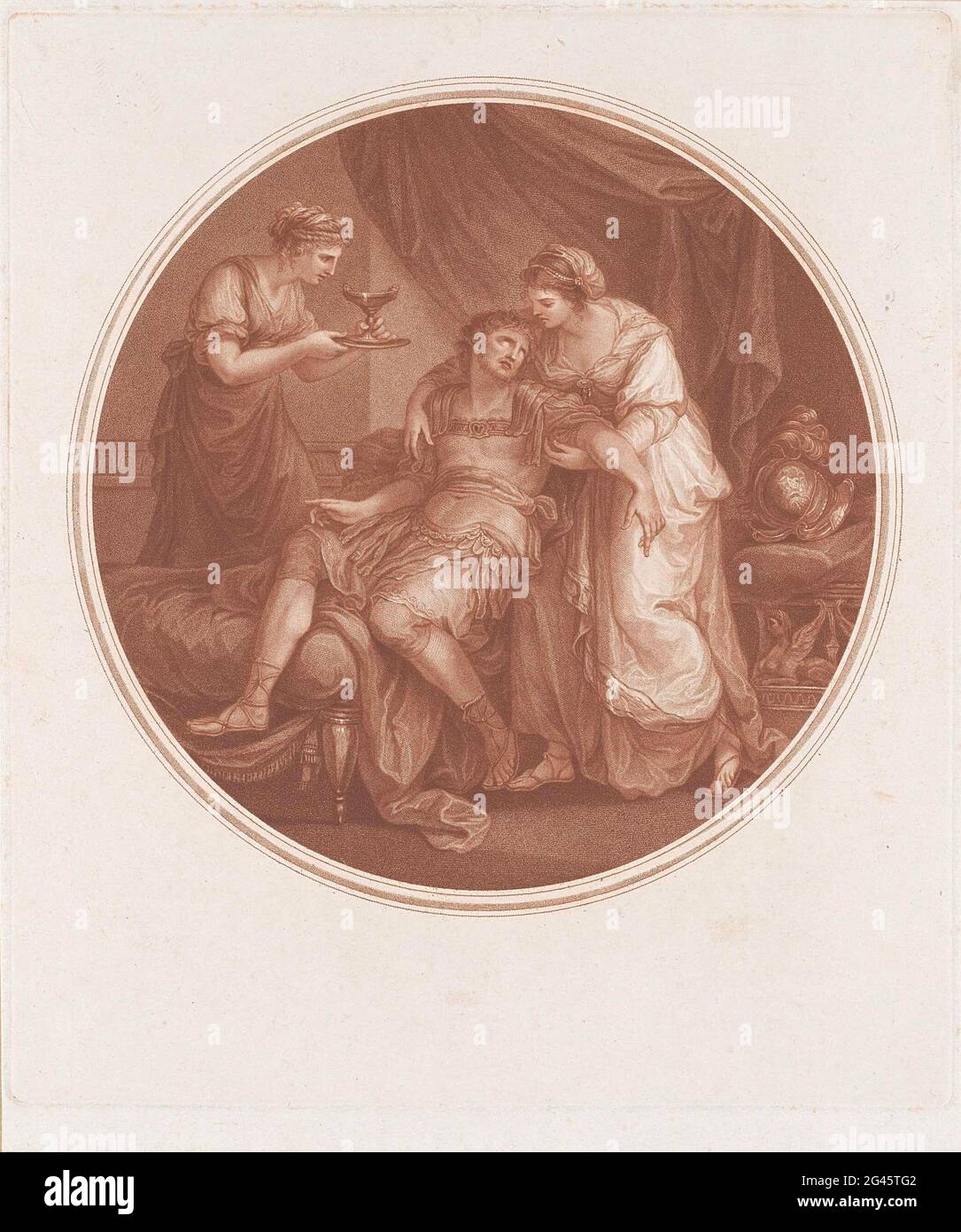 Roman soldier cared for by two women. A Roman soldier is on a bed. He ...