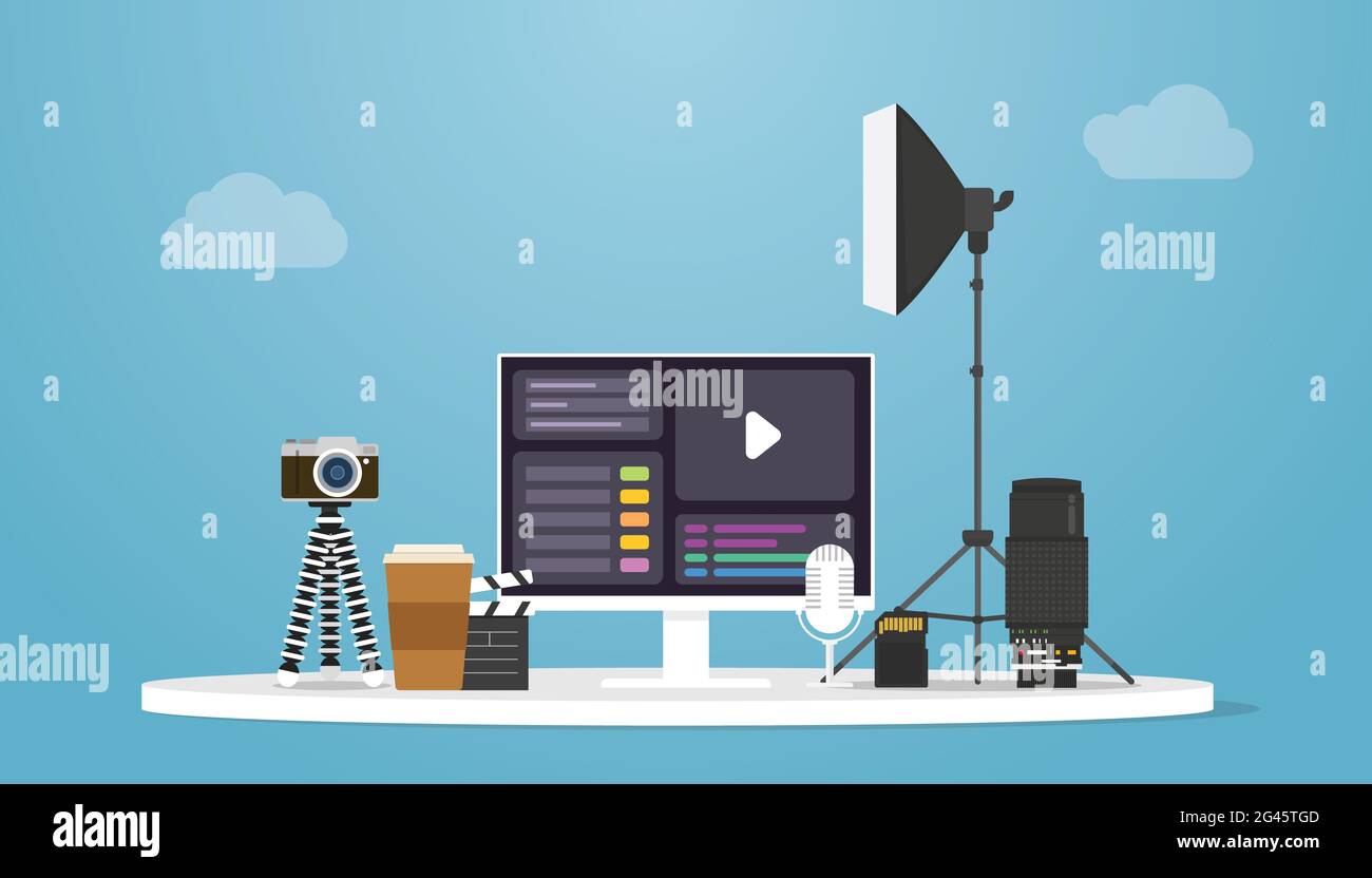video production concept with camera and tools product with modern flat ...