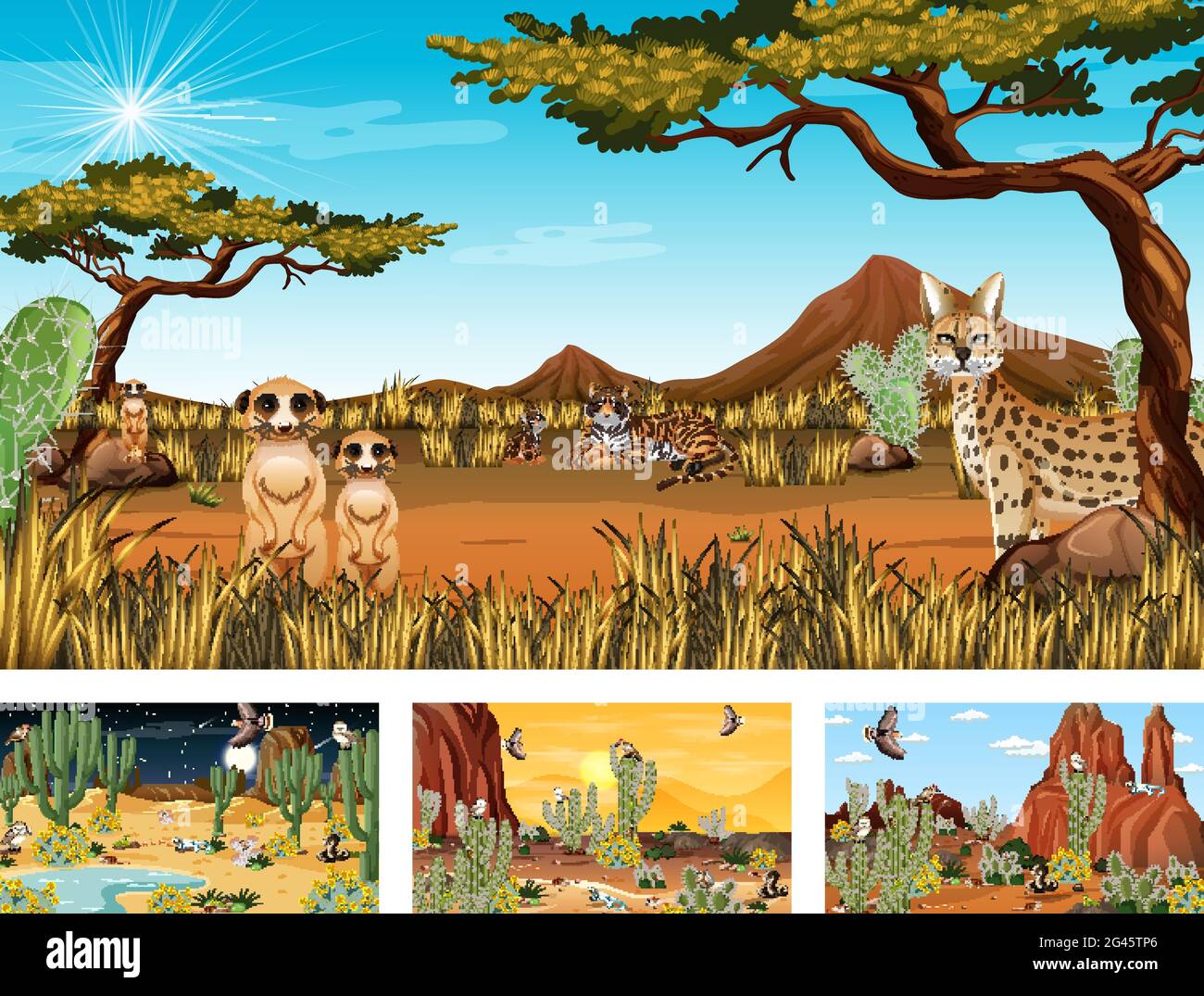 Four different desert forest landscape scenes with animals and plants ...