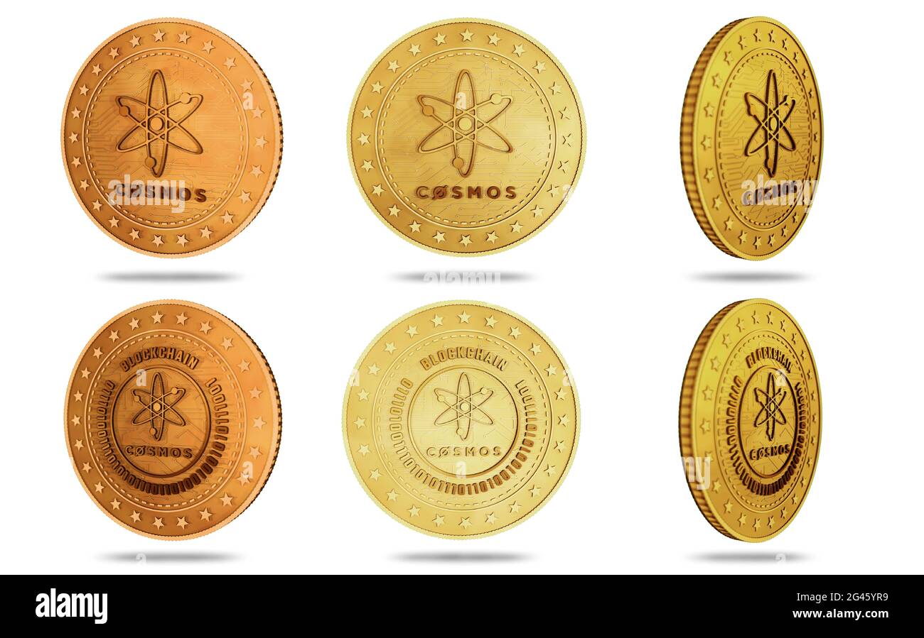 Cosmos atom cryptocurrency symbol isolated gold coin on green screen ...