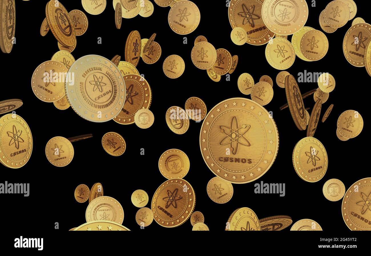 Cosmos atom cryptocurrency symbol gold coin on green screen background ...