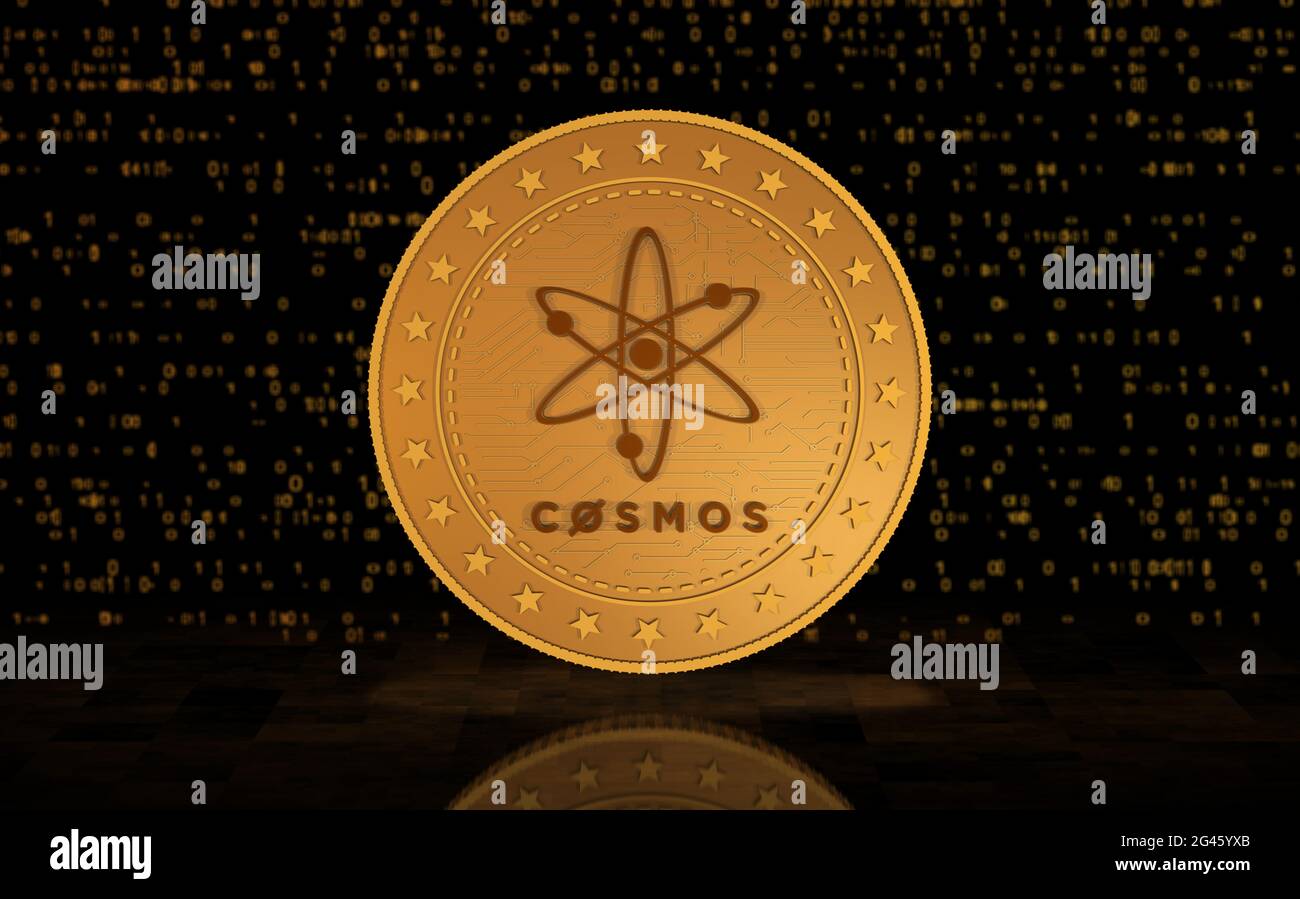 Cosmos atom cryptocurrency symbol gold coin on green screen background ...