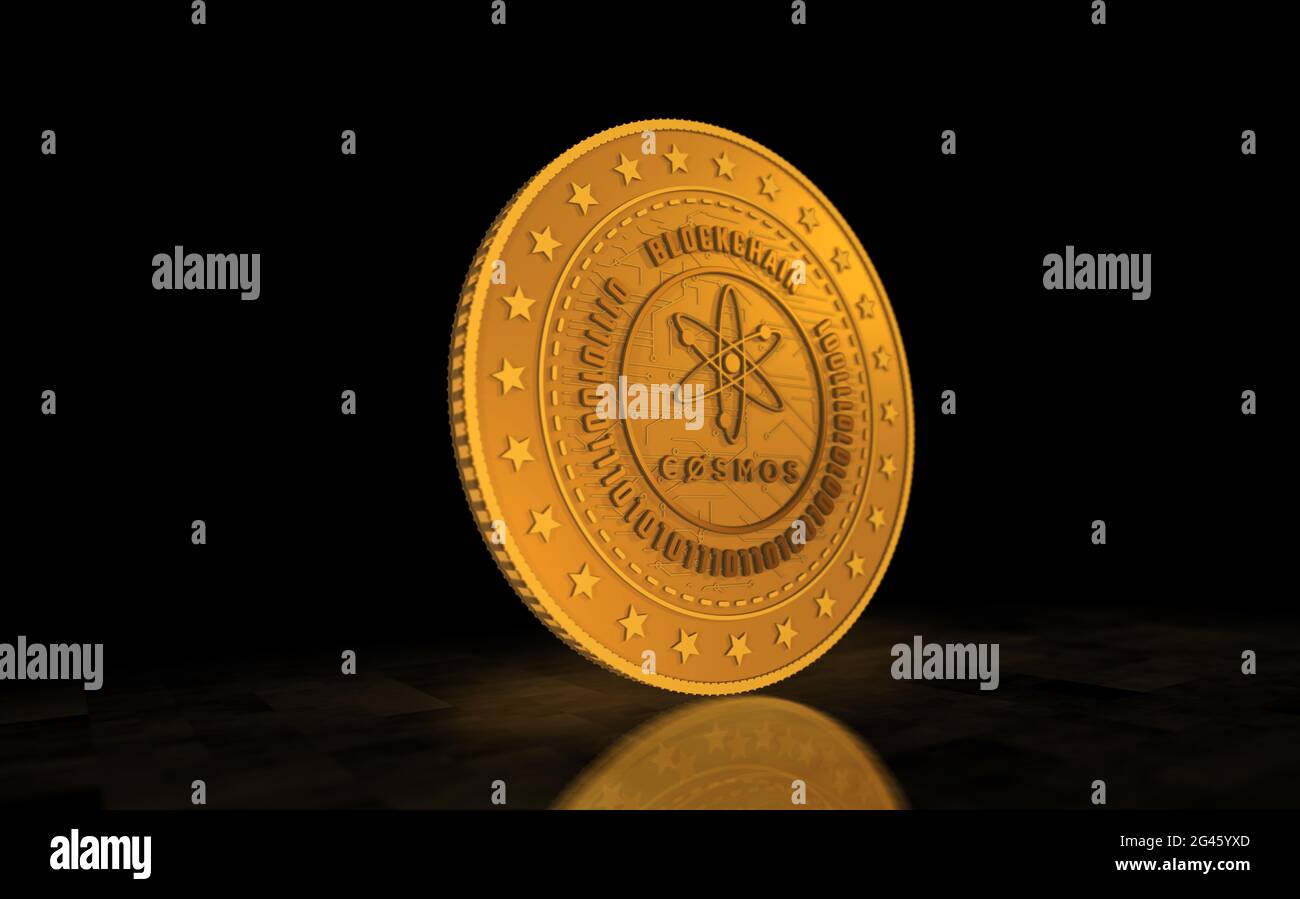 Cosmos atom cryptocurrency symbol gold coin on green screen background ...