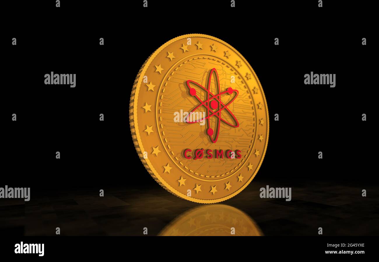 Cosmos atom cryptocurrency symbol gold coin on green screen background ...