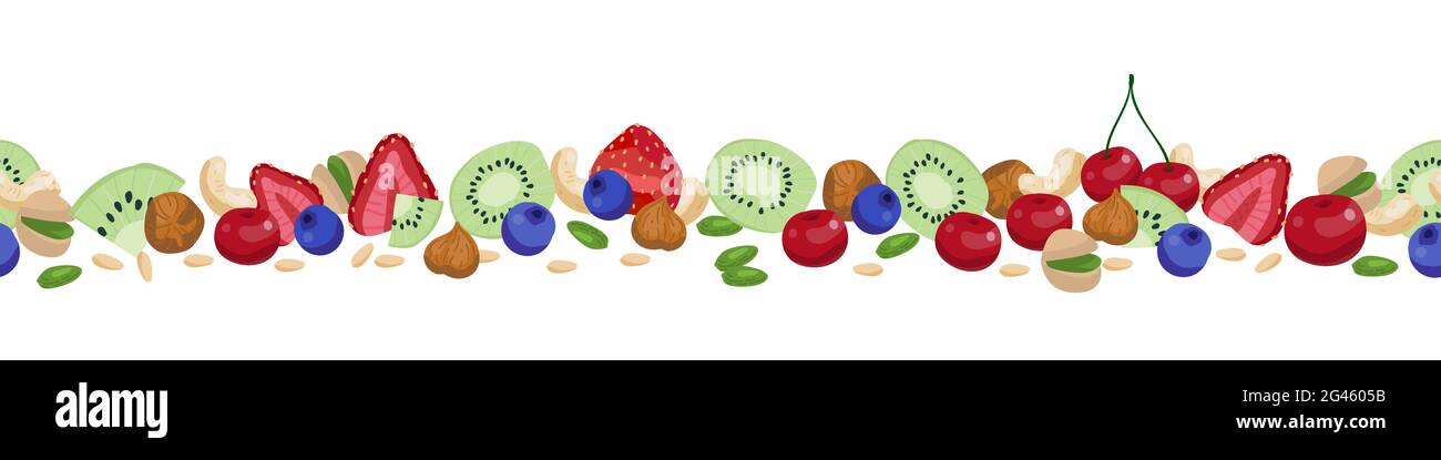 Seamless berry border. Vector horizontal border with berries and nuts ...