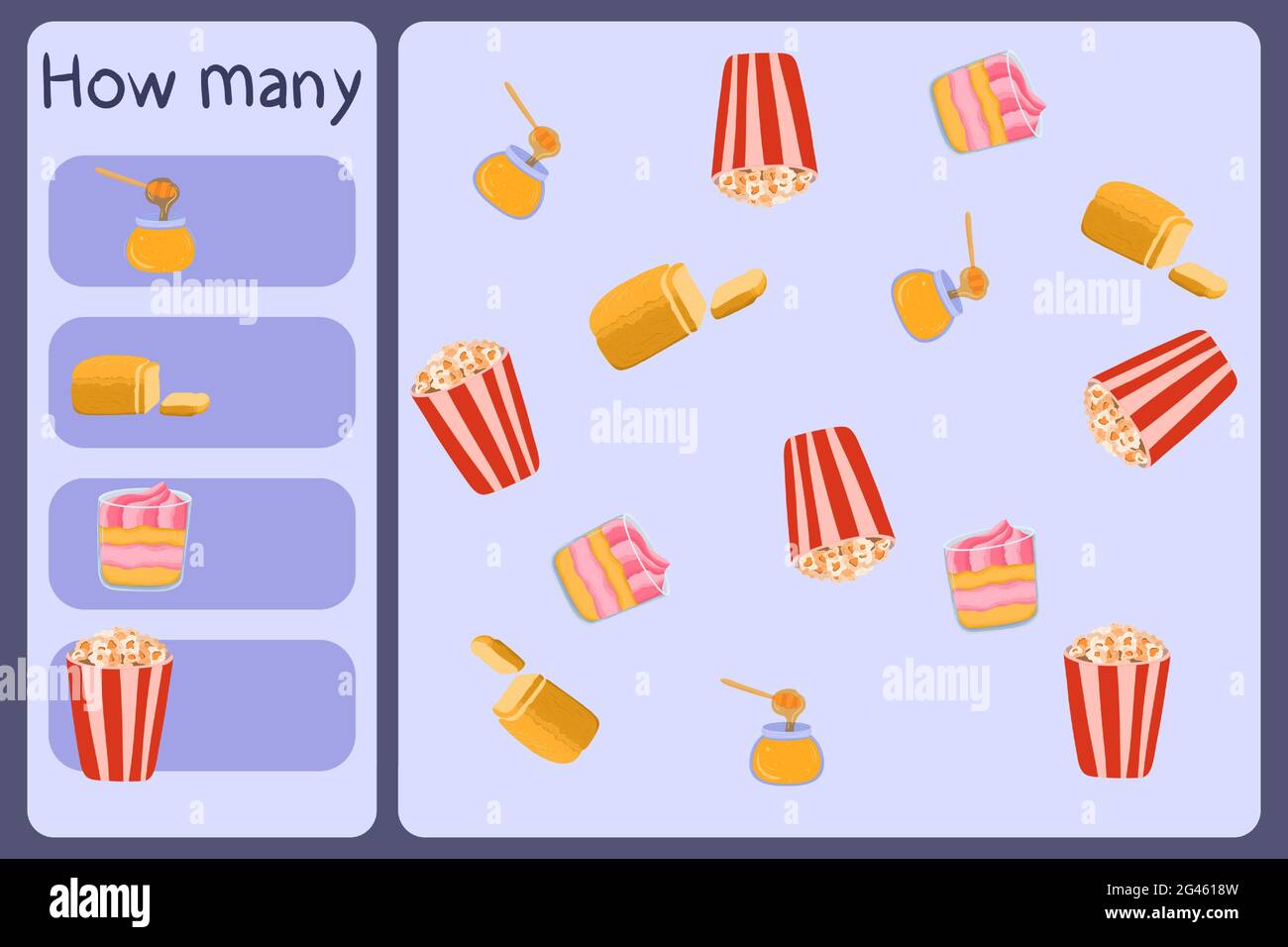 Kids mathematical mini game - count how many foods - honey, bread ...