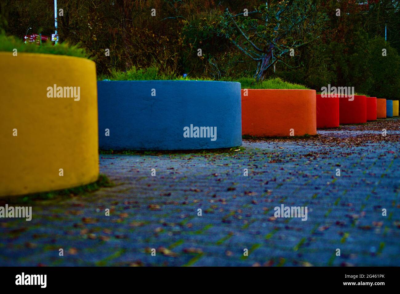 colored concrete flower pots in a row Stock Photo - Alamy